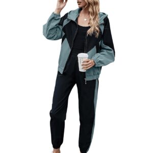 SweatyRocks Women's 2 Piece Outfits Long Sleeve Full Zip Jacket and Pants Tracksuit Set Green Black L