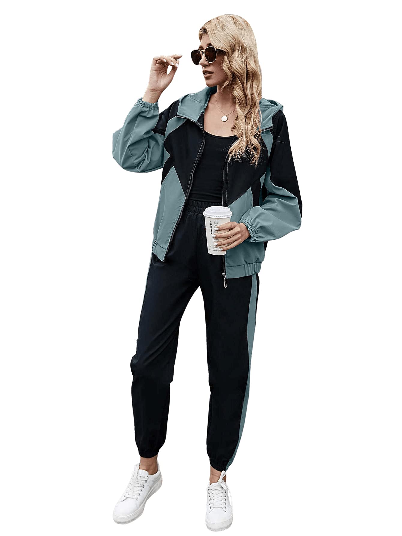 SweatyRocks Women's 2 Piece Outfits Long Sleeve Full Zip Jacket and Pants Tracksuit Set Green Black L