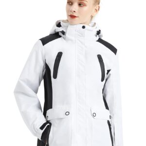 FREE SOLDIER Women's Waterproof Ski Jacket Fleece Lined Warm Winter Snow Coat with Hood Fully Taped Seams(White Black,L)