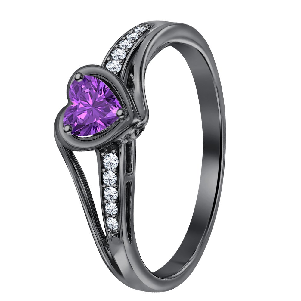 Dazzlingjewelrycollection Heart & RD Amethyst & Dia 14K Black Gold Plated Birthstone of February Engagement Ring For Women's (11)