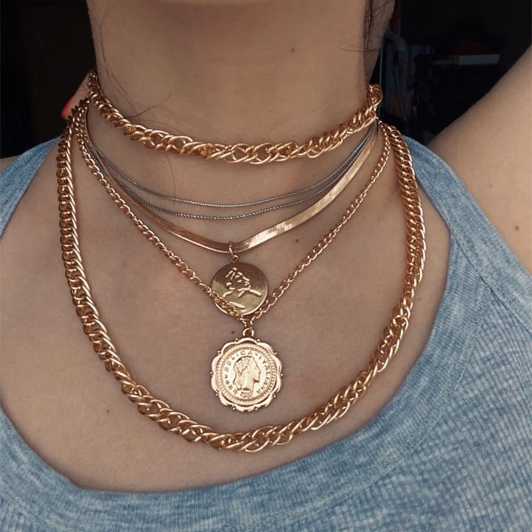 GDcome Gold Coin Necklace Holy Layered Snake Bone Coin Choker Necklaces Layering Pendant Necklace Chain Jewelry for Women Girls