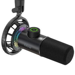 fifine usb gaming microphone, rgb dynamic mic for pc, with tap-to-mute button, plug & play cardioid mic with headphone jack for streaming, podcast, twitch, youtube, discord- k658