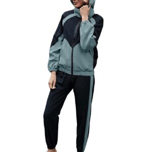 SweatyRocks Women's 2 Piece Outfits Long Sleeve Full Zip Jacket and Pants Tracksuit Set Green Black L