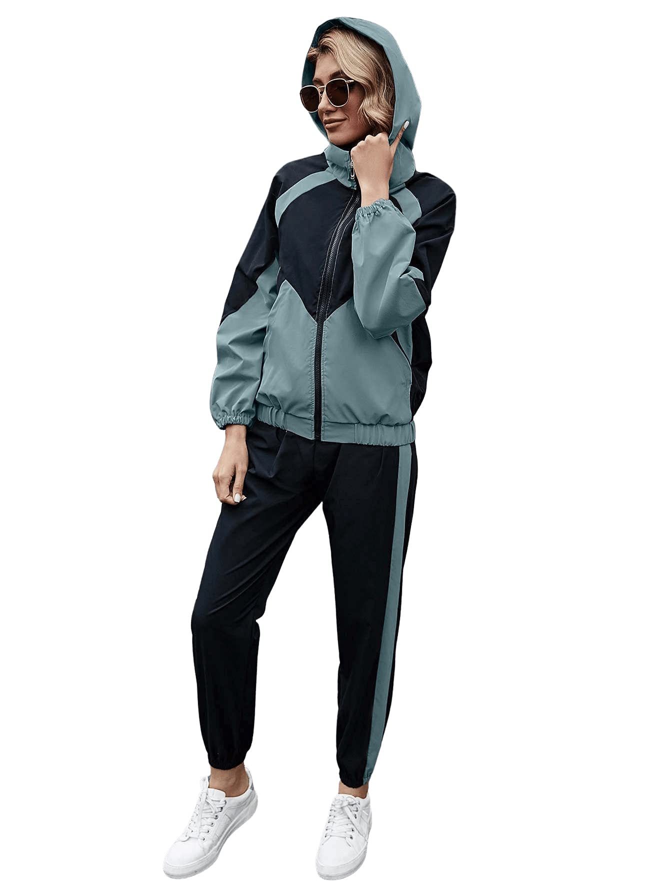 SweatyRocks Women's 2 Piece Outfits Long Sleeve Full Zip Jacket and Pants Tracksuit Set Green Black L