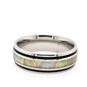 White Fire Opal & Black Enamel Ring Silver Stainless steel 8mm Band Men and Women Size 5-14 (10)