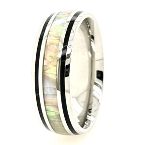 White Fire Opal & Black Enamel Ring Silver Stainless steel 8mm Band Men and Women Size 5-14 (10)