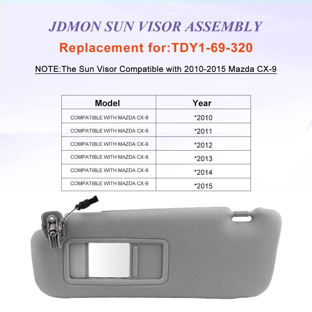 JDMON Compatible with Sun Visor Mazda CX-9 2010 2011 2012 2013 2014 2015 Left Driver Side Gray with Lamp Replaces TDY1-69-320