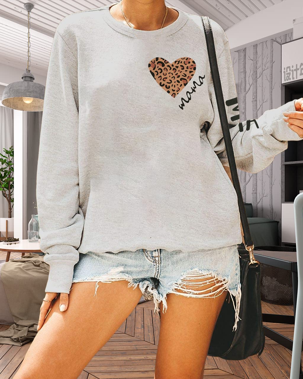 SFHFY Mama Sweatshirts Mom Crewneck Sweatshirt Mom Fashion Casual Letter Print Long Sleeve Shirt Pullover Tops Light Grey