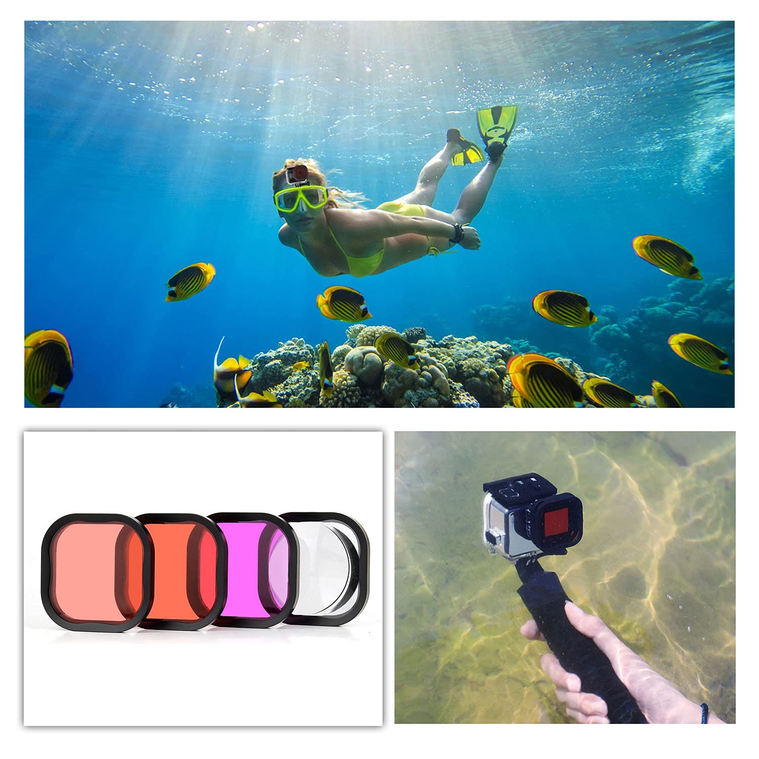 SOONSUN Waterproof Housing Case for GoPro Hero 8 Black with 4-Pack Diving Filter - 60M Underwater Diving Housing Built-in Dual Cold Shoe Slots with Red, Light Red, Magenta and 5X Macro Filter