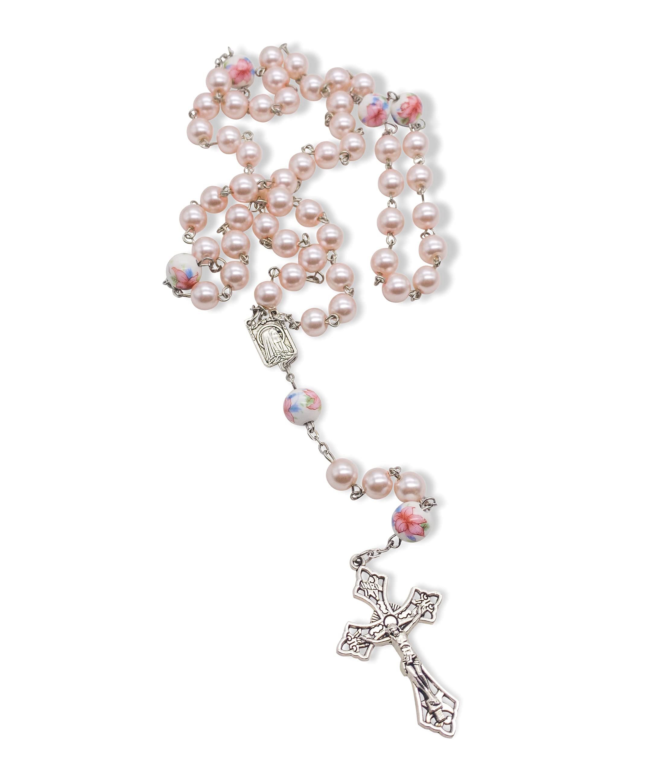 Nazareth Store Pink Pearl Beads Rosary White Flowers Beaded Necklace Lourdes Medal & Cross Crucifix