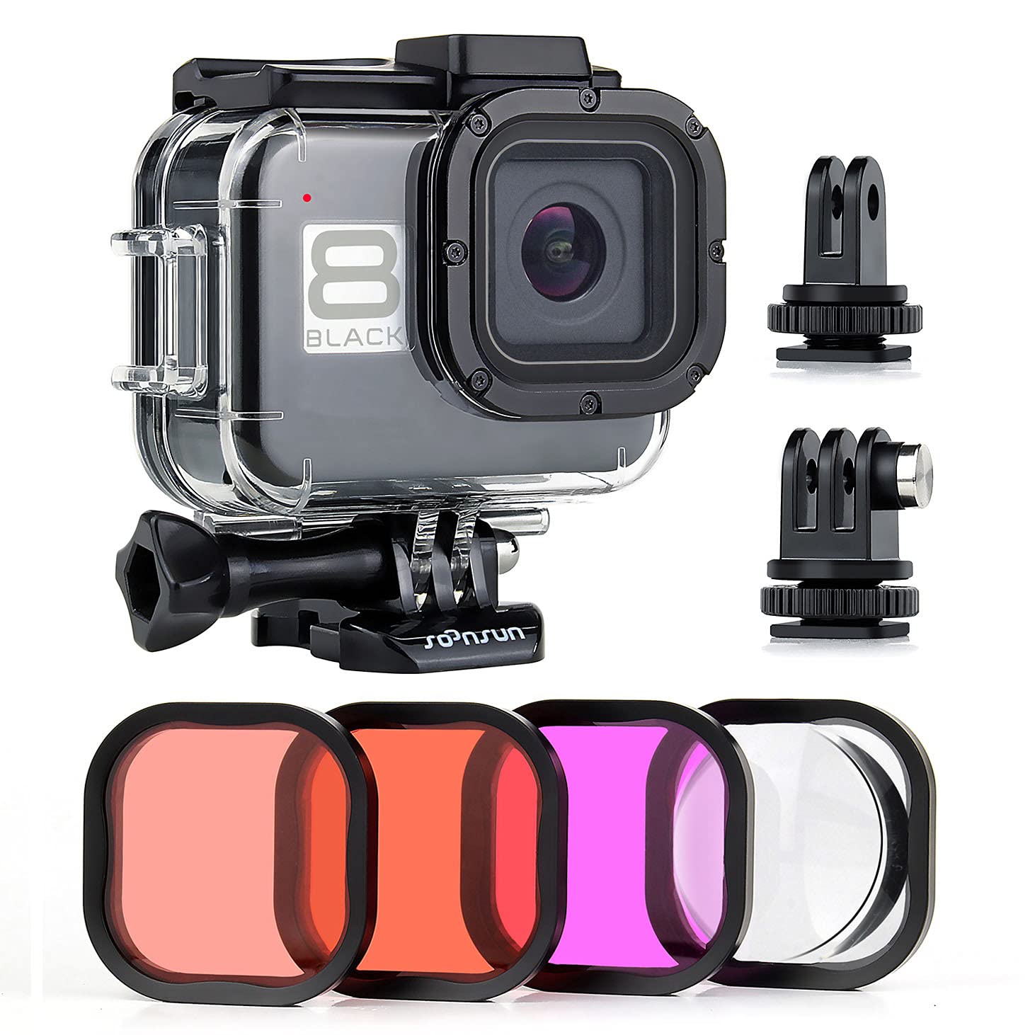 SOONSUN Waterproof Housing Case for GoPro Hero 8 Black with 4-Pack Diving Filter - 60M Underwater Diving Housing Built-in Dual Cold Shoe Slots with Red, Light Red, Magenta and 5X Macro Filter