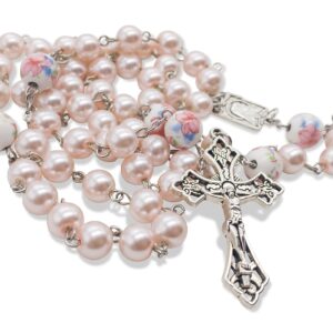 Nazareth Store Pink Pearl Beads Rosary White Flowers Beaded Necklace Lourdes Medal & Cross Crucifix