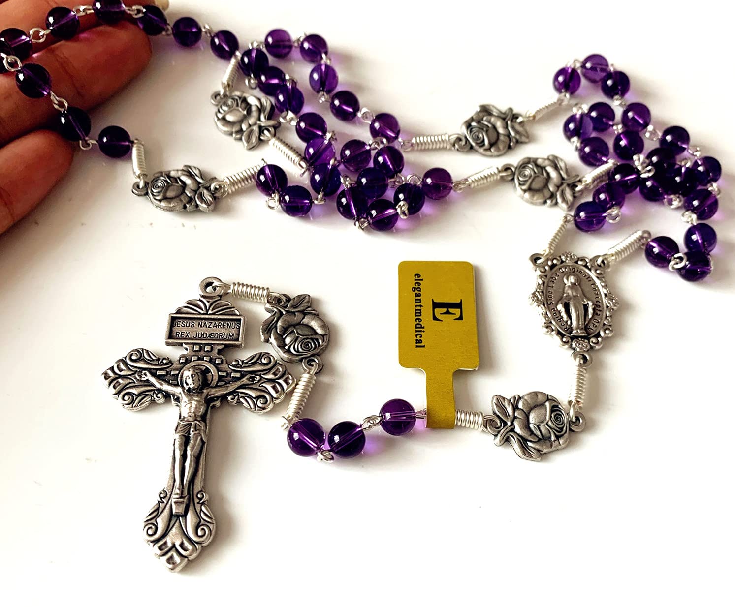 elegantmedical Handmade Catholic Amethyst Beads Our Lady of Grace Rosary Cross Crucifix Necklace Gift Box (Amethyst)