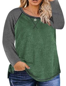 mayfasey women's plus size raglan long sleeve crewneck sweatshirt solid color shirt casual basic tshirts loose baggy tees blouse tunics green 1x