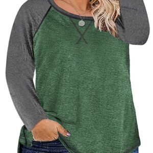 MAYFASEY Women's Plus Size Raglan Long Sleeve Crewneck Sweatshirt Solid Color Shirt Casual Basic Tshirts Loose Baggy Tees Blouse Tunics Green 1X