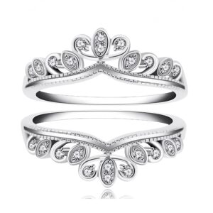 uloveido women's 925 sterling silver princess crown tiara wedding ring guard enhancer 2pcs stack rings set y1525 (size 8)