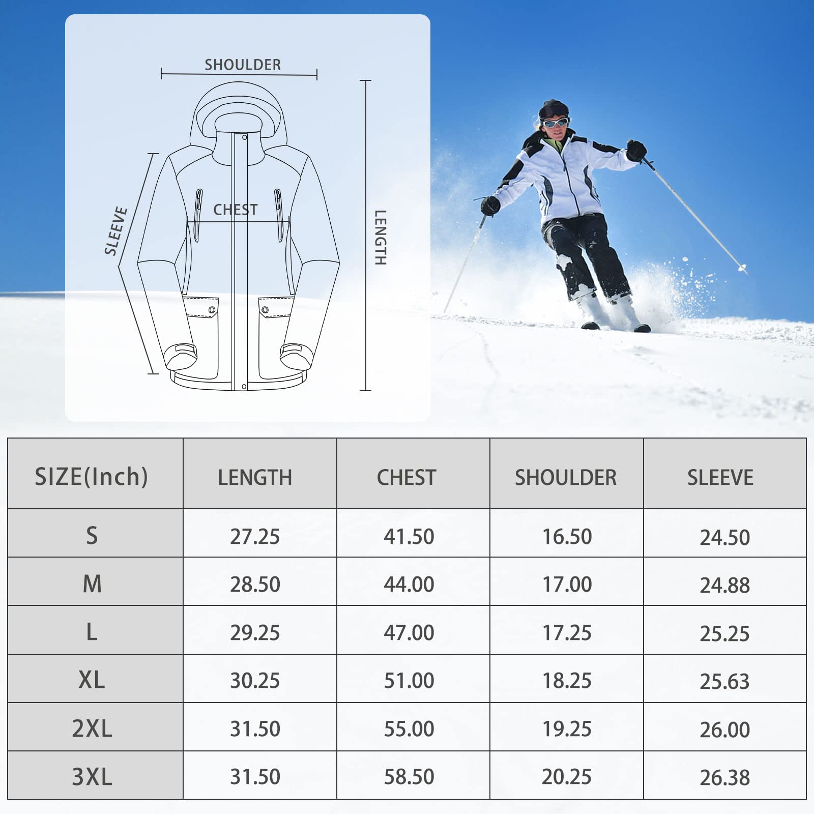 FREE SOLDIER Women's Waterproof Ski Jacket Fleece Lined Warm Winter Snow Coat with Hood Fully Taped Seams(White Black,L)