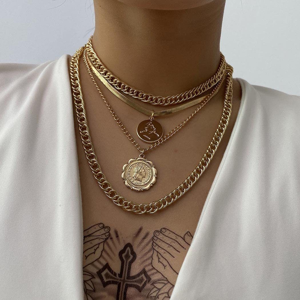 GDcome Gold Coin Necklace Holy Layered Snake Bone Coin Choker Necklaces Layering Pendant Necklace Chain Jewelry for Women Girls