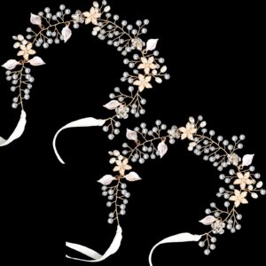 2 pieces elegant gold rhinestone pearl headbands with ribbons - flower girl headpieces, hair accessories for toddler, teenager birthday party