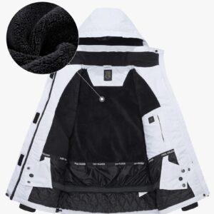 FREE SOLDIER Women's Waterproof Ski Jacket Fleece Lined Warm Winter Snow Coat with Hood Fully Taped Seams(White Black,L)