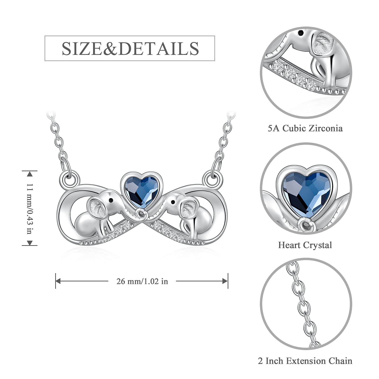 Flpruy Elephant Gift Necklace for Women 925 Sterling Silver Infinity BBF Crystal Heart Pendant for Women Girl