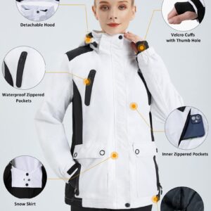 FREE SOLDIER Women's Waterproof Ski Jacket Fleece Lined Warm Winter Snow Coat with Hood Fully Taped Seams(White Black,L)