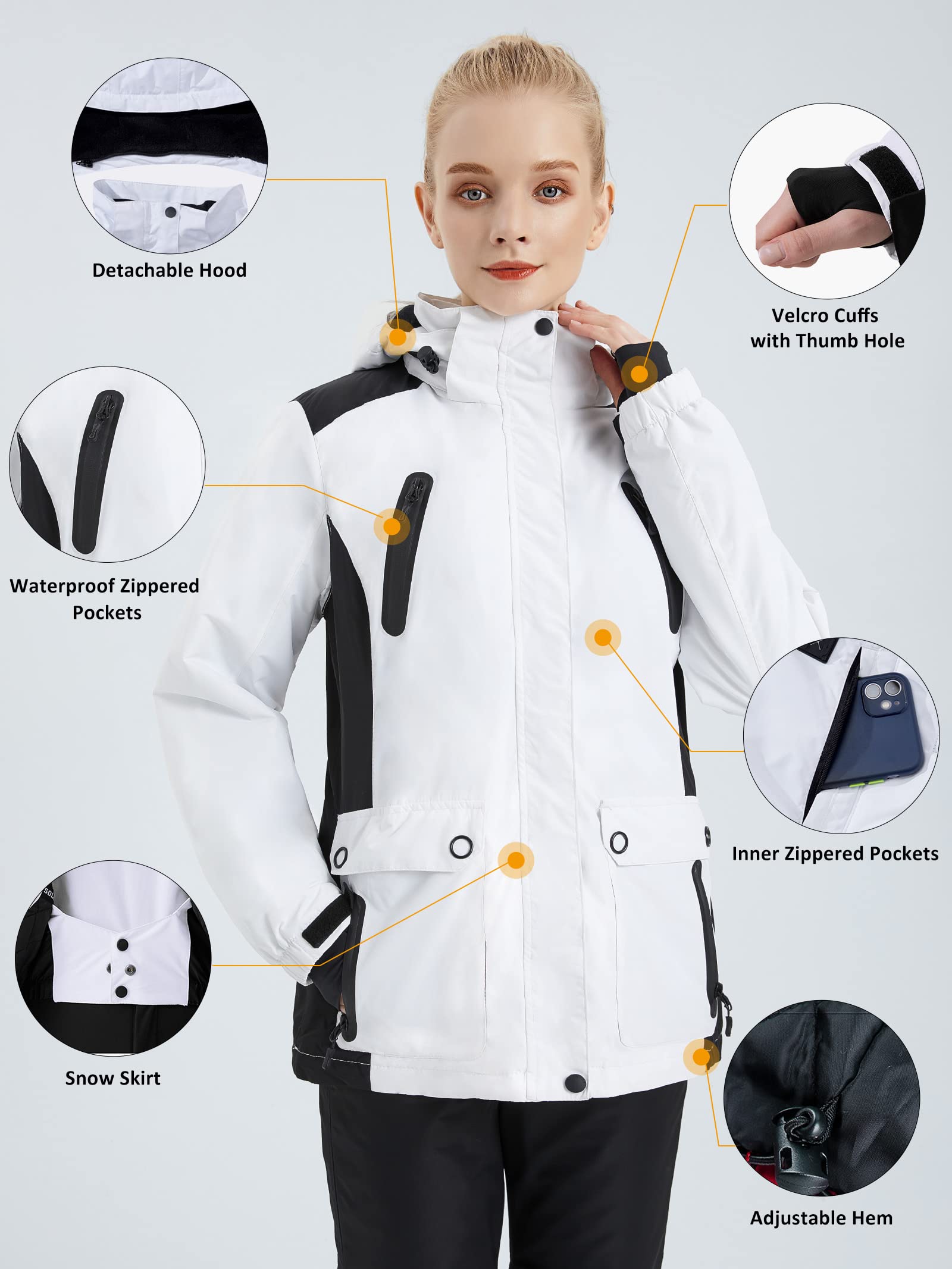 FREE SOLDIER Women's Waterproof Ski Jacket Fleece Lined Warm Winter Snow Coat with Hood Fully Taped Seams(White Black,L)