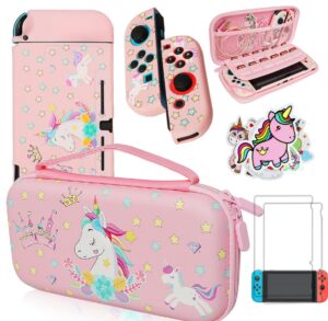 pink unicorn carrying case compatible with nintendo switch (not oled or lite) with dockable protective grip case +screen protector +unicorn stickers, hard storage case accessories kit bundle for girls