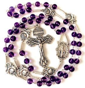 elegantmedical handmade catholic amethyst beads our lady of grace rosary cross crucifix necklace gift box (amethyst)