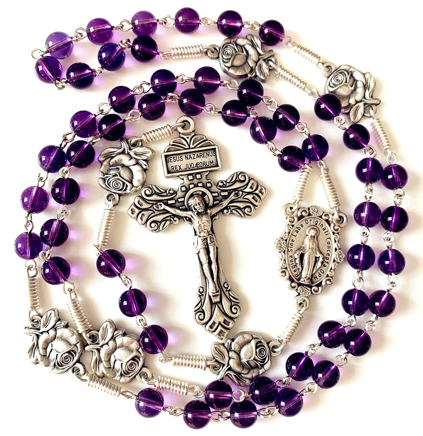 elegantmedical Handmade Catholic Amethyst Beads Our Lady of Grace Rosary Cross Crucifix Necklace Gift Box (Amethyst)