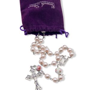 Nazareth Store Pink Pearl Beads Rosary White Flowers Beaded Necklace Lourdes Medal & Cross Crucifix