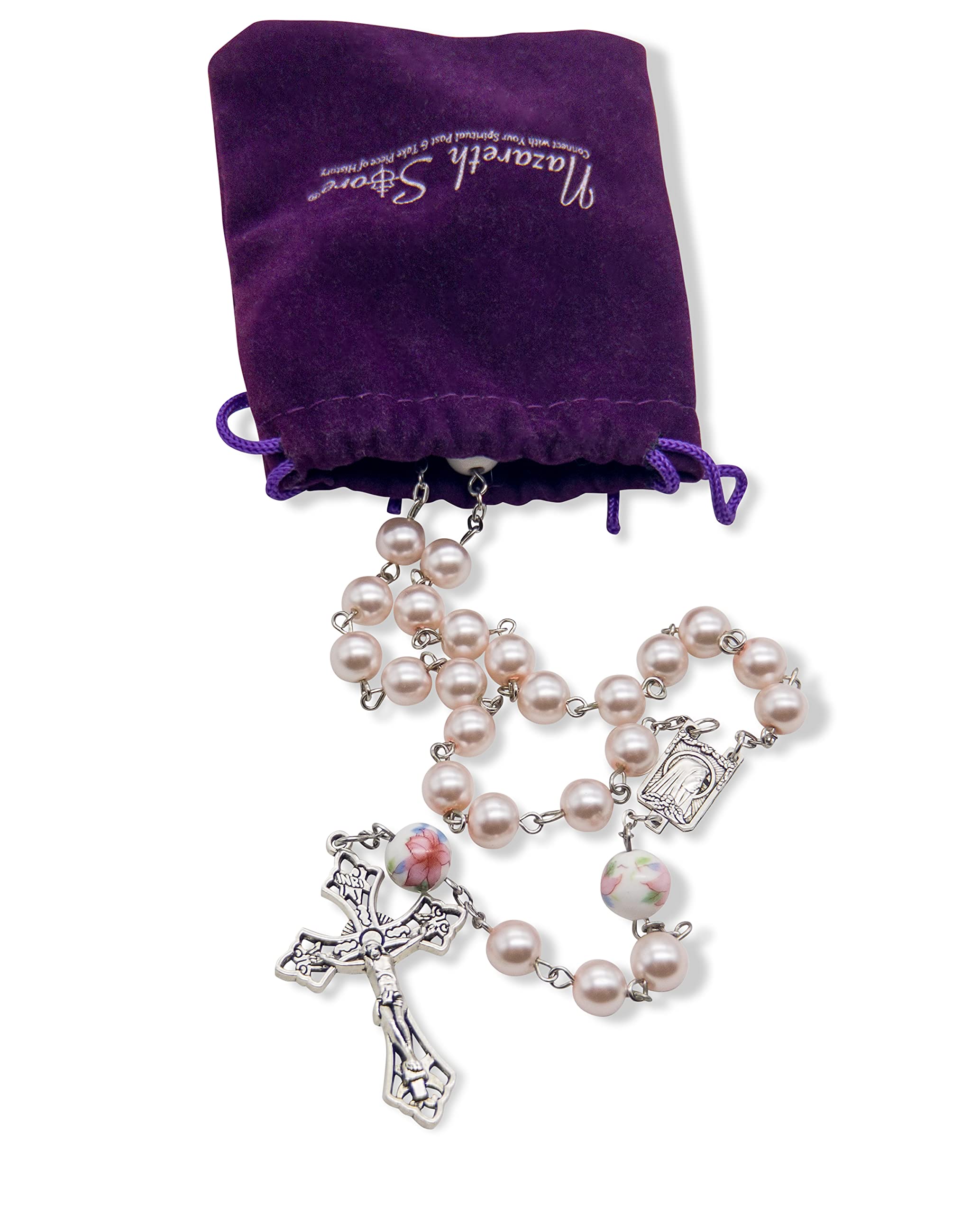 Nazareth Store Pink Pearl Beads Rosary White Flowers Beaded Necklace Lourdes Medal & Cross Crucifix