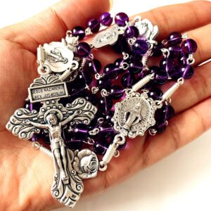 elegantmedical Handmade Catholic Amethyst Beads Our Lady of Grace Rosary Cross Crucifix Necklace Gift Box (Amethyst)