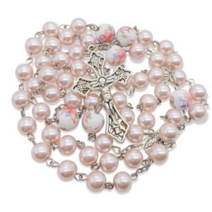 Nazareth Store Pink Pearl Beads Rosary White Flowers Beaded Necklace Lourdes Medal & Cross Crucifix