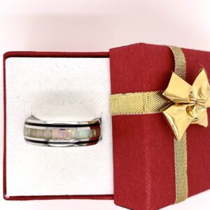 White Fire Opal & Black Enamel Ring Silver Stainless steel 8mm Band Men and Women Size 5-14 (10)