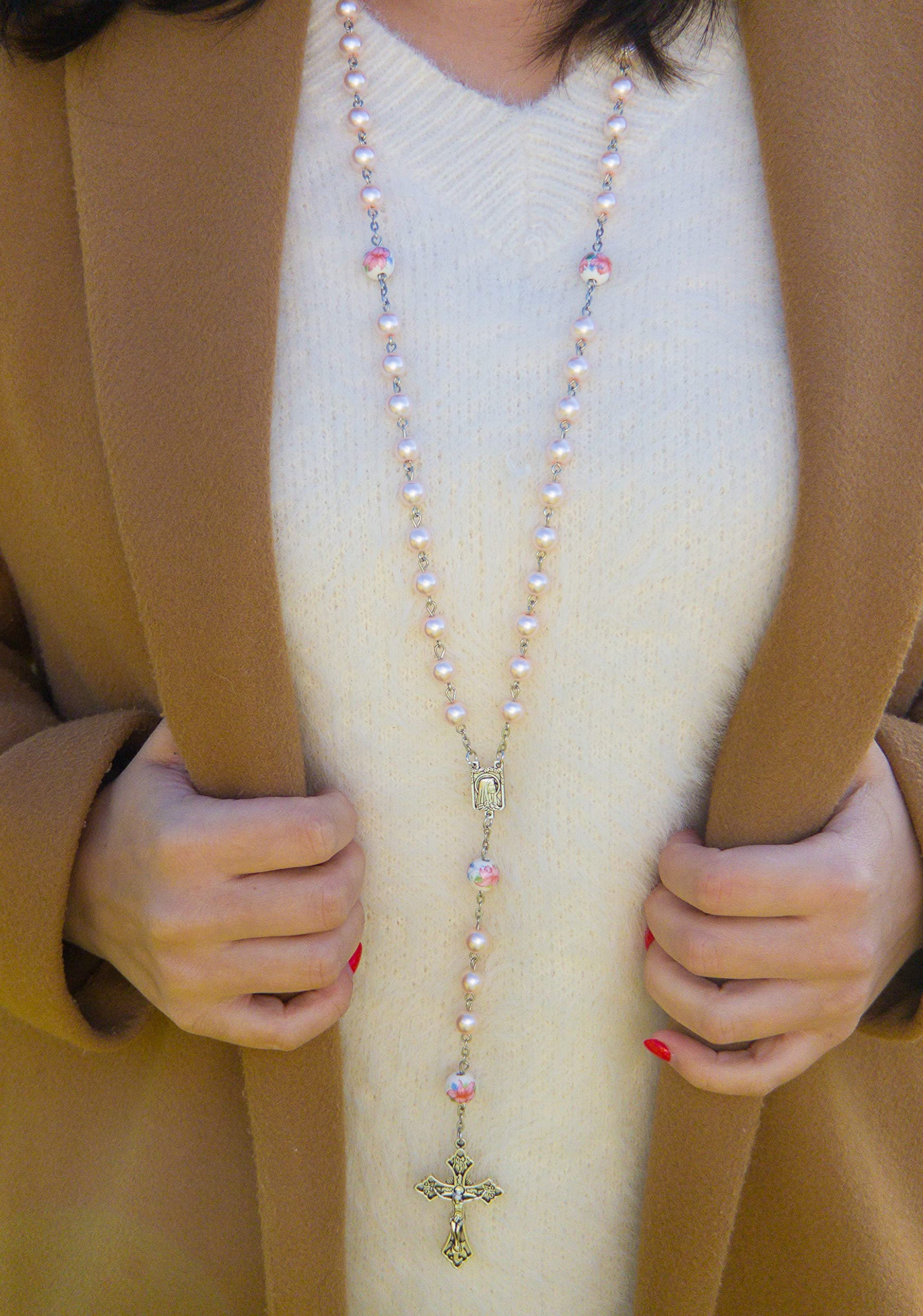 Nazareth Store Pink Pearl Beads Rosary White Flowers Beaded Necklace Lourdes Medal & Cross Crucifix