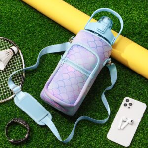 Half Gallon Water Bottle with Sleeve 64 OZ Water Bottle with Straw & Time Marker to Drink Leakproof Motivational Water Jug with Insulated Holder Workout Gym Sport