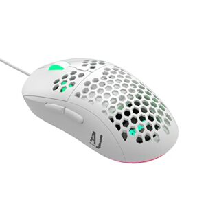 FIRSTBLOOD ONLY GAME. AJ380 69g Lightweight Gaming Mouse with Honeycomb Shell, RGB Backlit, 16000 DPI PixArt 3338 Sensor, Programmable 6 Buttons, White