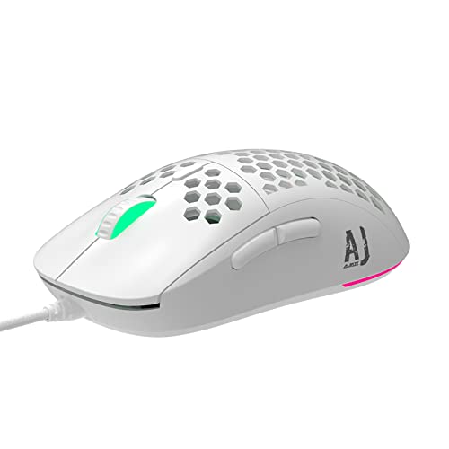 FIRSTBLOOD ONLY GAME. AJ380 69g Lightweight Gaming Mouse with Honeycomb Shell, RGB Backlit, 16000 DPI PixArt 3338 Sensor, Programmable 6 Buttons, White