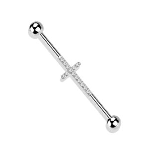 pierced owl 14ga cnc set lined cz cross f-136 implant grade titanium industrial cartilage barbell (clear)