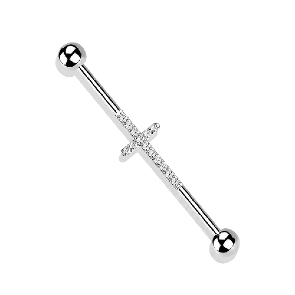 Pierced Owl 14GA CNC Set Lined CZ Cross F-136 Implant Grade Titanium Industrial Cartilage Barbell (Clear)