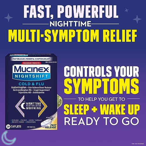 Mucinex Nightshift Cold & Flu, Maximum Strength Powerful Multi-symptom Nighttime Relief, 20 Fast Release Caplets - Pain Reliever/Fever Reducer, Cough Suppressant, Antihistamine