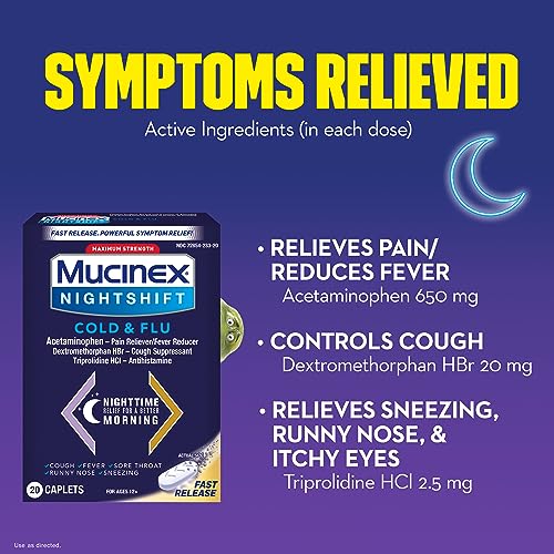 Mucinex Nightshift Cold & Flu, Maximum Strength Powerful Multi-symptom Nighttime Relief, 20 Fast Release Caplets - Pain Reliever/Fever Reducer, Cough Suppressant, Antihistamine