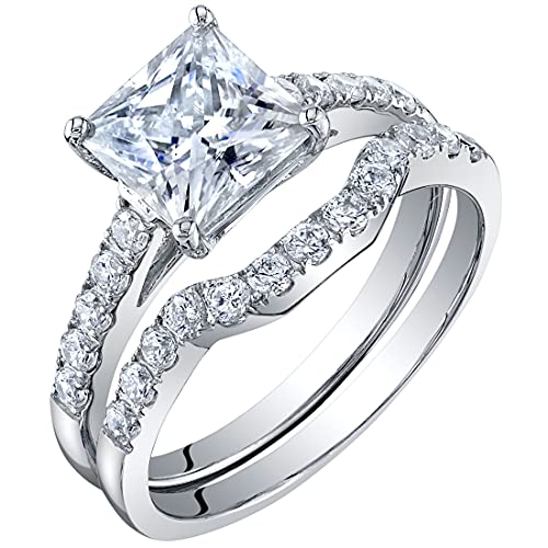 PEORA Moissanite Princess Cut Engagement Ring and Wedding Band Bridal Set in Sterling Silver, 2 Carat Center, DE Color, VVS Clarity, Size 5.5