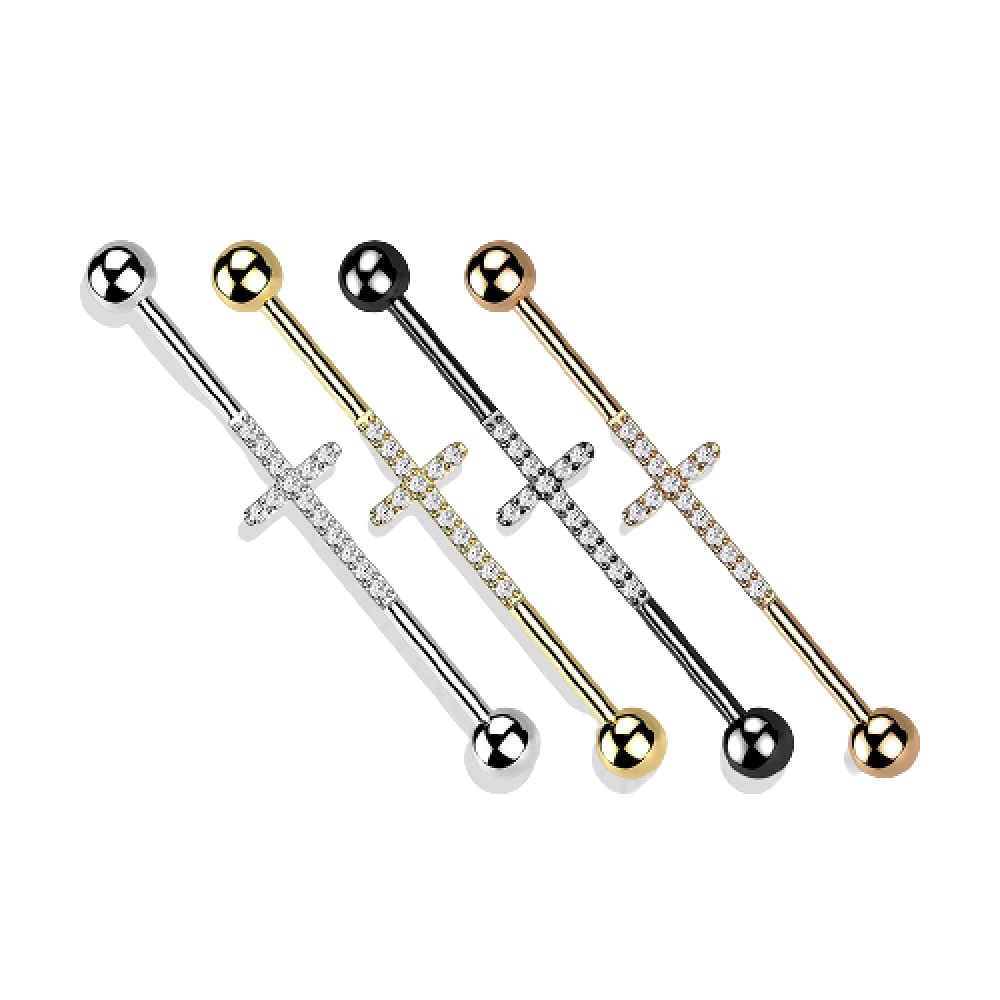 Pierced Owl 14GA CNC Set Lined CZ Cross F-136 Implant Grade Titanium Industrial Cartilage Barbell (Clear)