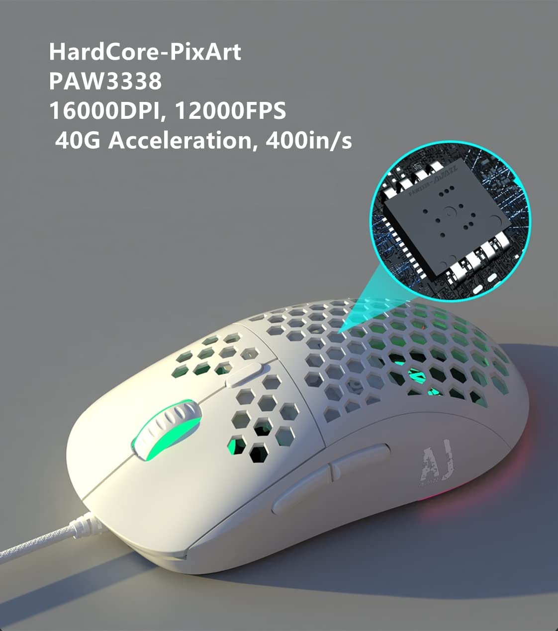 FIRSTBLOOD ONLY GAME. AJ380 69g Lightweight Gaming Mouse with Honeycomb Shell, RGB Backlit, 16000 DPI PixArt 3338 Sensor, Programmable 6 Buttons, White