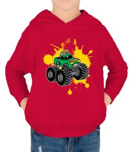 wild bobby green monster truck with firey flames cars and trucks toddler pullover fleece hoodie, red, 5t/6t