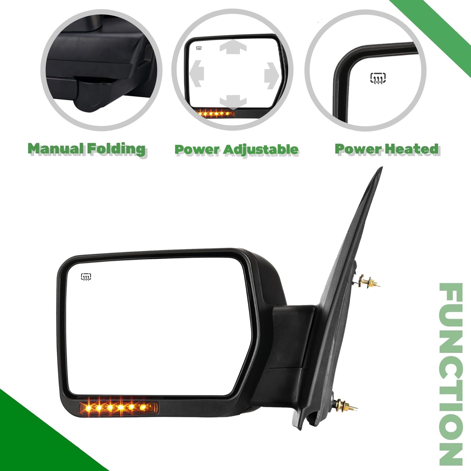 PZ Towing Mirror Replacement Fit for 2004-2006 F150, POWER HEATED,W/AMBER SIGNAL,BLACK,LEFT(Driver Side)