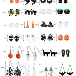 24 Pairs Halloween Stud Earrings Bat Cat Witch Earrings Set Spider Web Pumpkin Skull Drop earrings Jewelry for Women Halloween Outfit Costumes Accessories