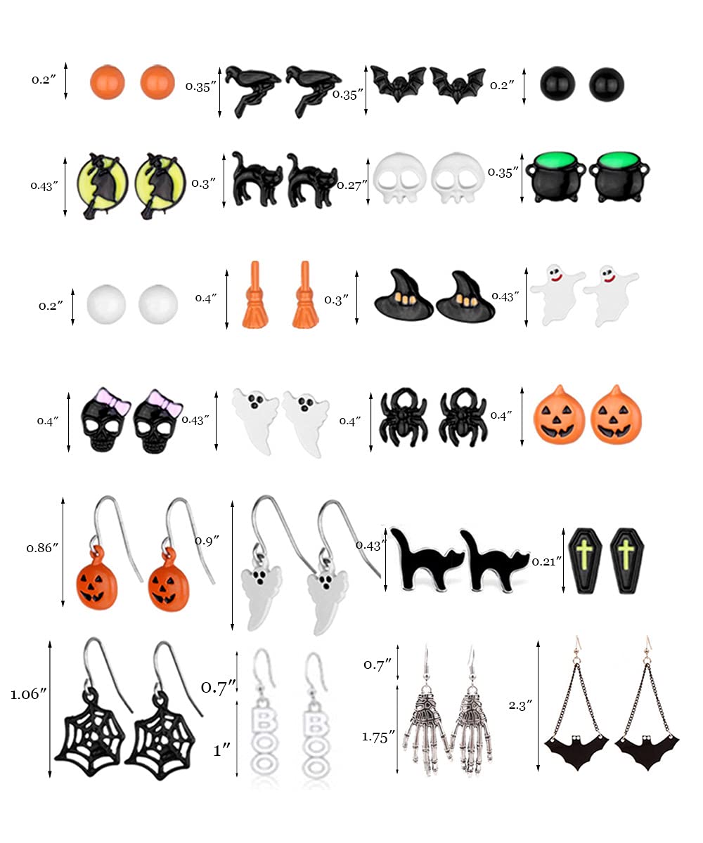 24 Pairs Halloween Stud Earrings Bat Cat Witch Earrings Set Spider Web Pumpkin Skull Drop earrings Jewelry for Women Halloween Outfit Costumes Accessories